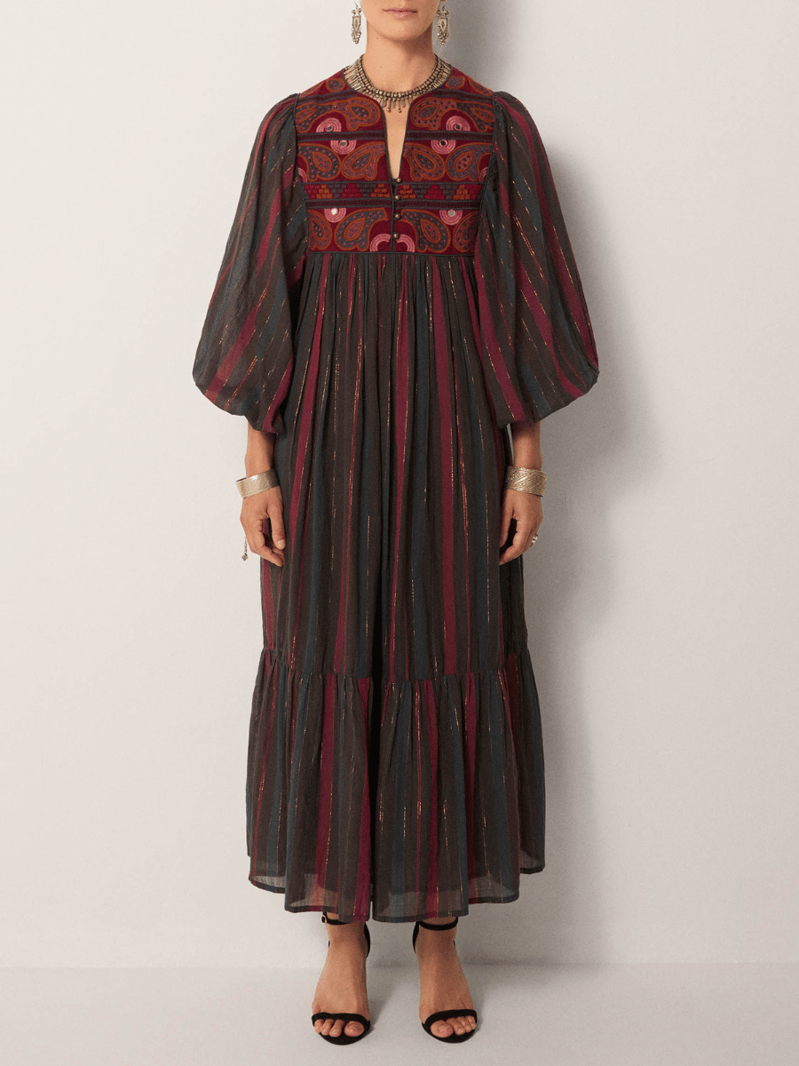 Maison Hotel Isadora Embroidered Maxi Dress Burgundy & Navy Stripe ...